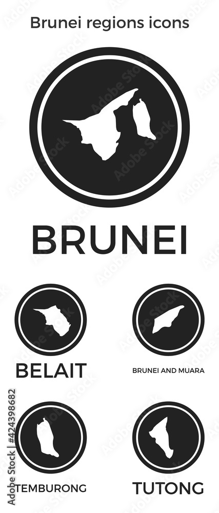 Brunei regions icons. Black round logos with country regions maps and ...