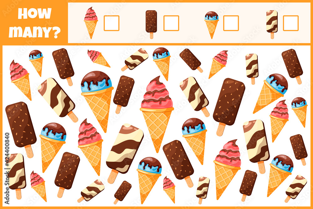 Educational mathematical game. Count the number of ice creams. Count ...