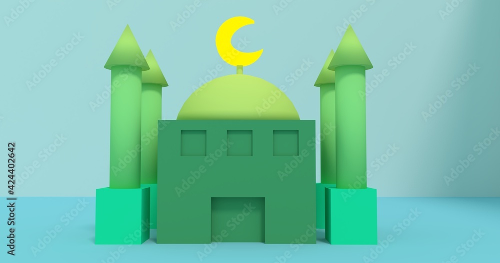 ภาพประกอบสต็อก Miniature Mosque of block toy from front view rendering ...
