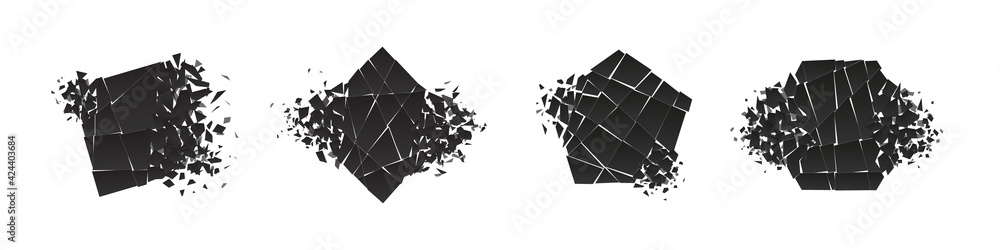 Shape shattered and explodes flat style design vector illustration set ...