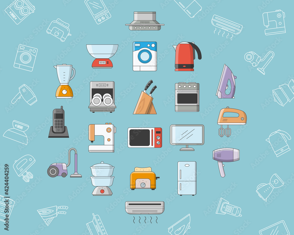 Home machines Icons set - Vector color symbols and outline of ...