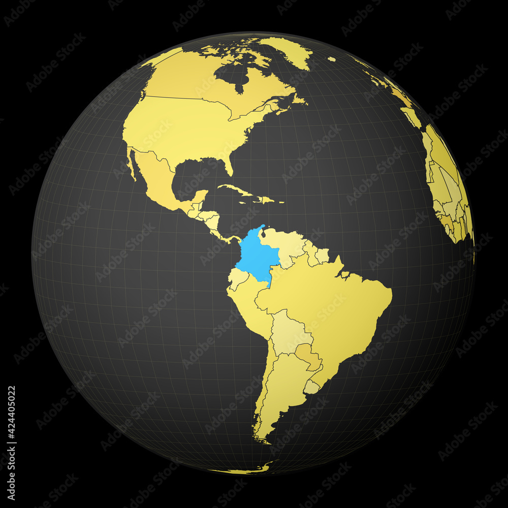 Colombia on dark globe with yellow world map. Country highlighted with blue color. Satellite ...