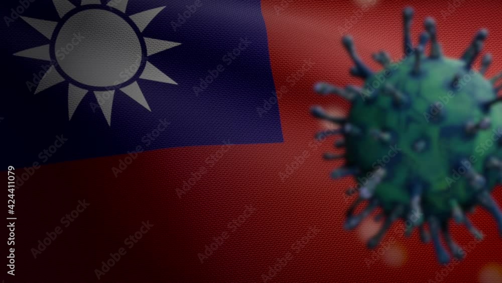 3D illustration Flu coronavirus floating over Taiwanese flag, pathogen ...