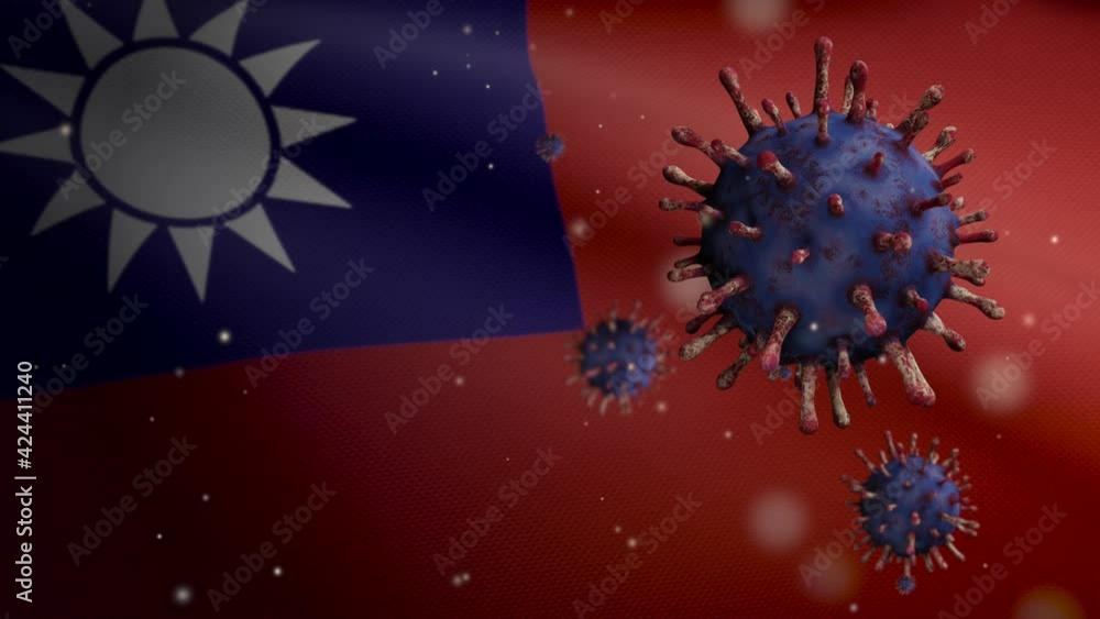 3D illustration Flu coronavirus floating over Taiwanese flag, pathogen ...