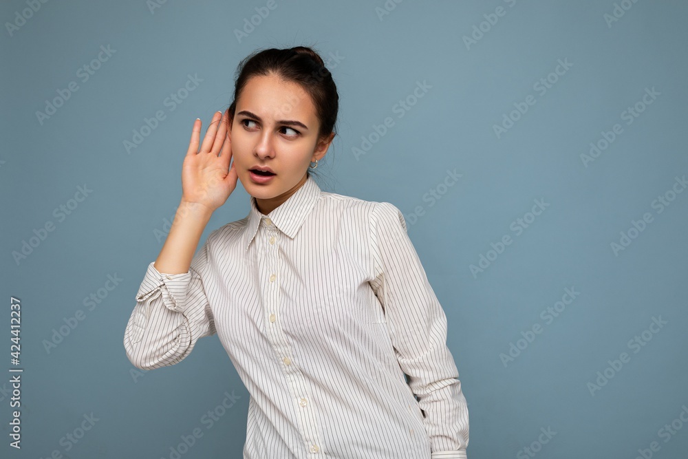 Portrait of young beautiful brunette woman with sincere emotions ...