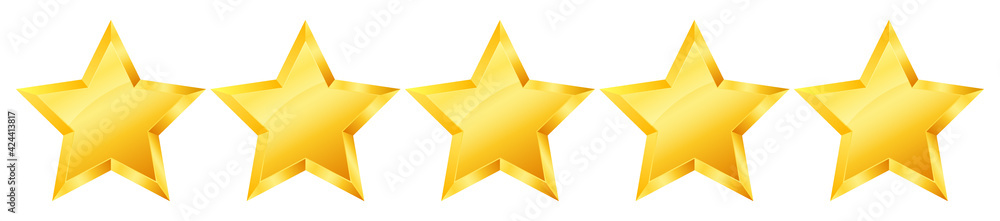 Five 5 star rank sign. Glossy golden star sticker icon rating isolated ...