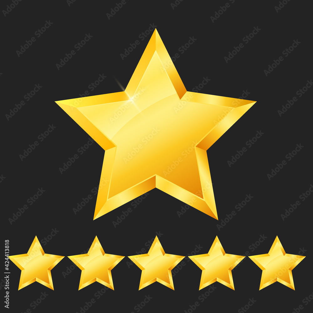 Five 5 star rank sign. Glossy golden star sticker icon rating isolated ...