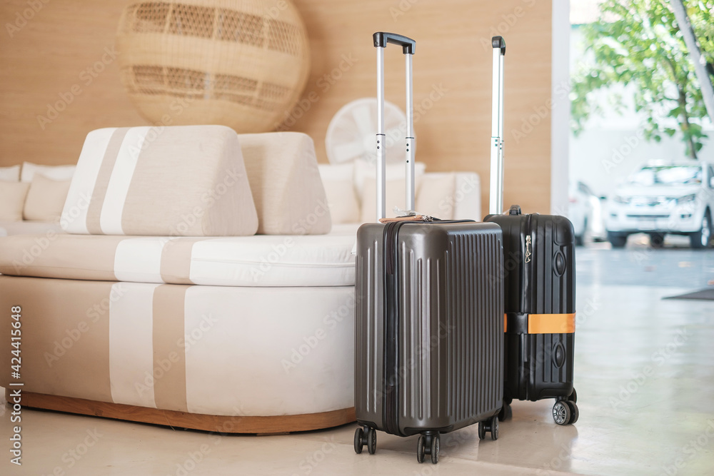 Two Black Luggage bag or Suitcase in modern hotel during check in. Time ...