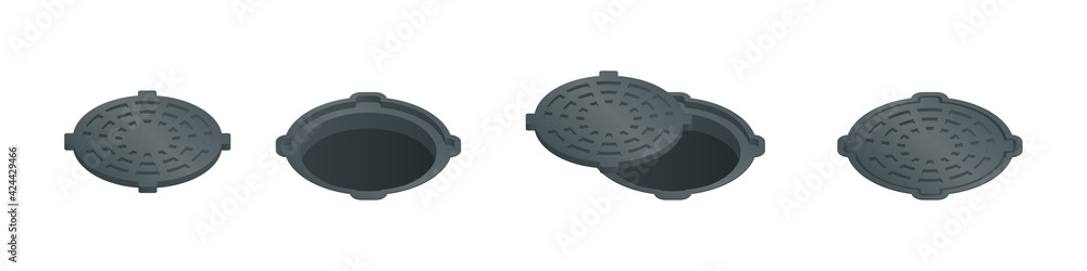 Vector illustration open and closed sewer hatch isolated on white ...