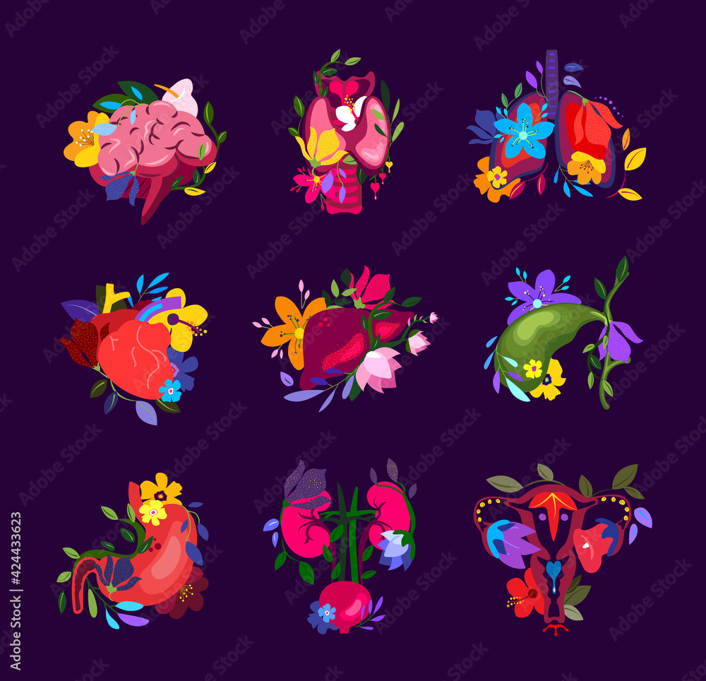 Beautiful Flowered Set of different Human Organs.Brain, Thyroid,Lungs ...