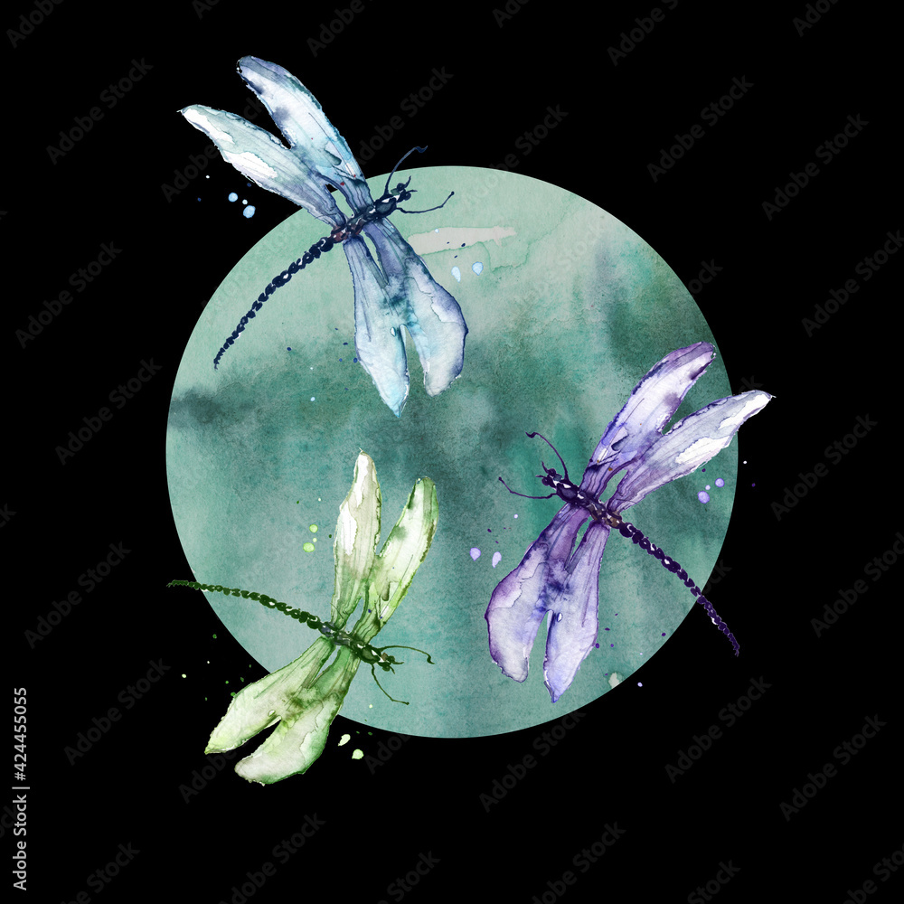 Abstract watercolor blue stain, blot. The dragonfly flies. Moth ...
