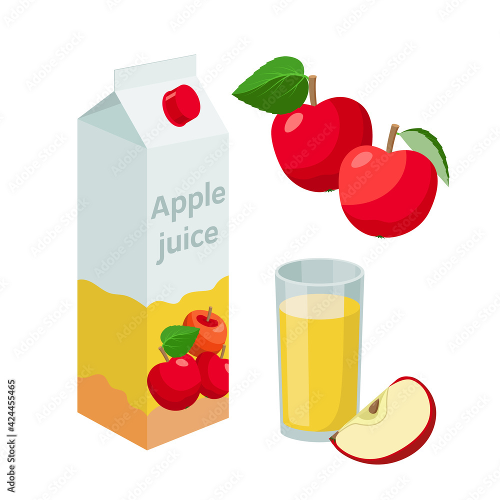 Apple Juice In Packaging And Fresh Whole And Halved Apples Glass Of Apple Juice In Packaging And Fresh Whole And Halved Apples Glass Of
