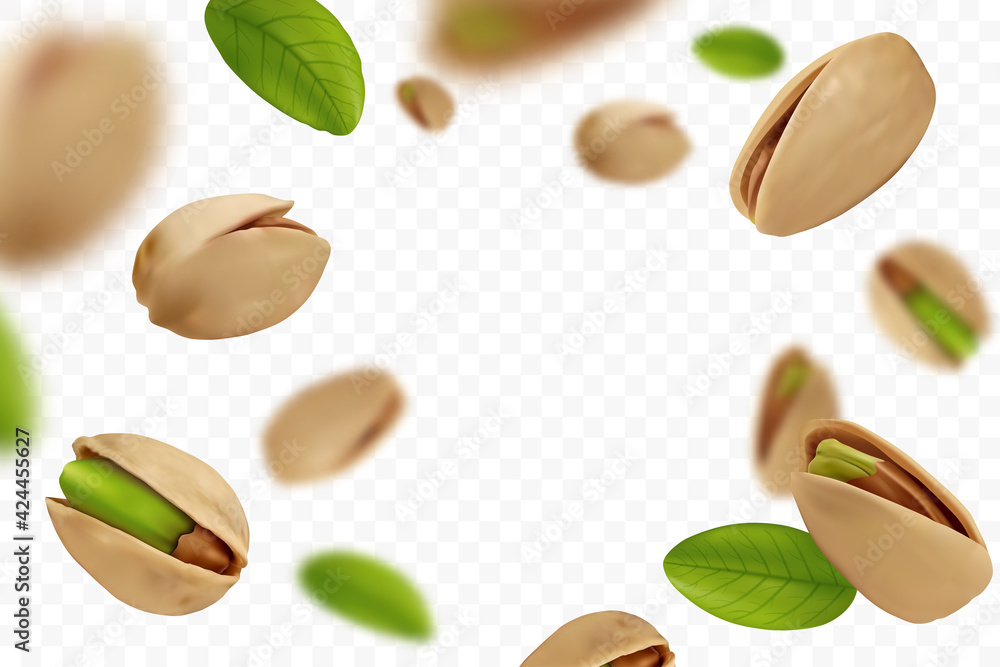 Realistic falling ripe pistachios with green leaves isolated on ...