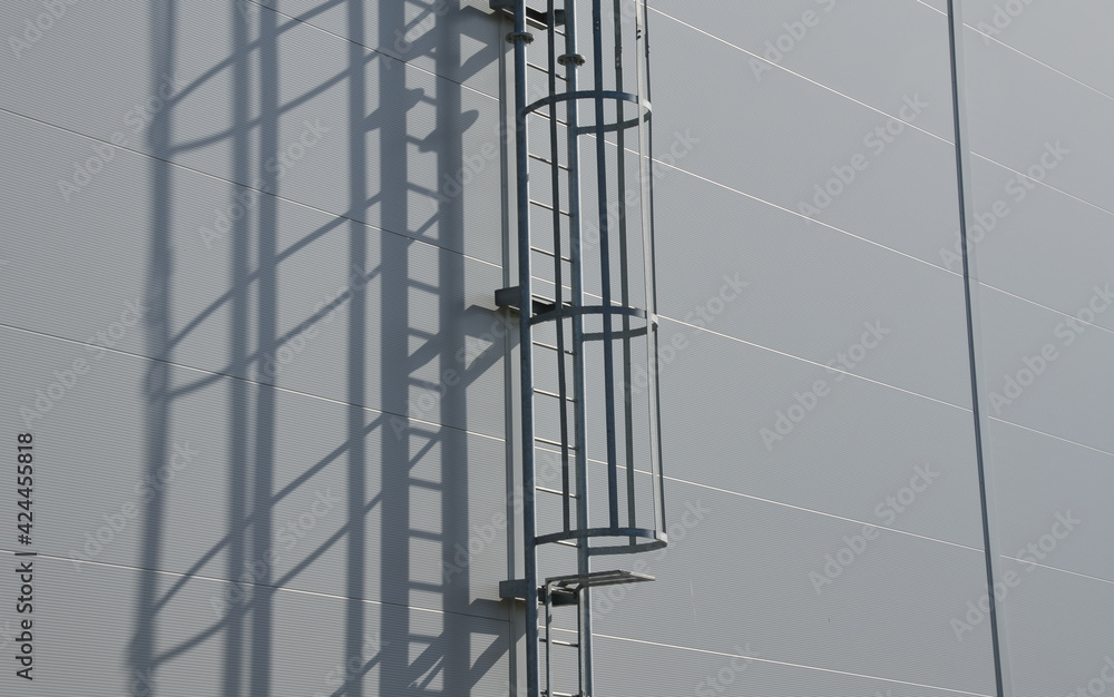 the fire ladder leading to the roof of the hall is secured by a grille ...
