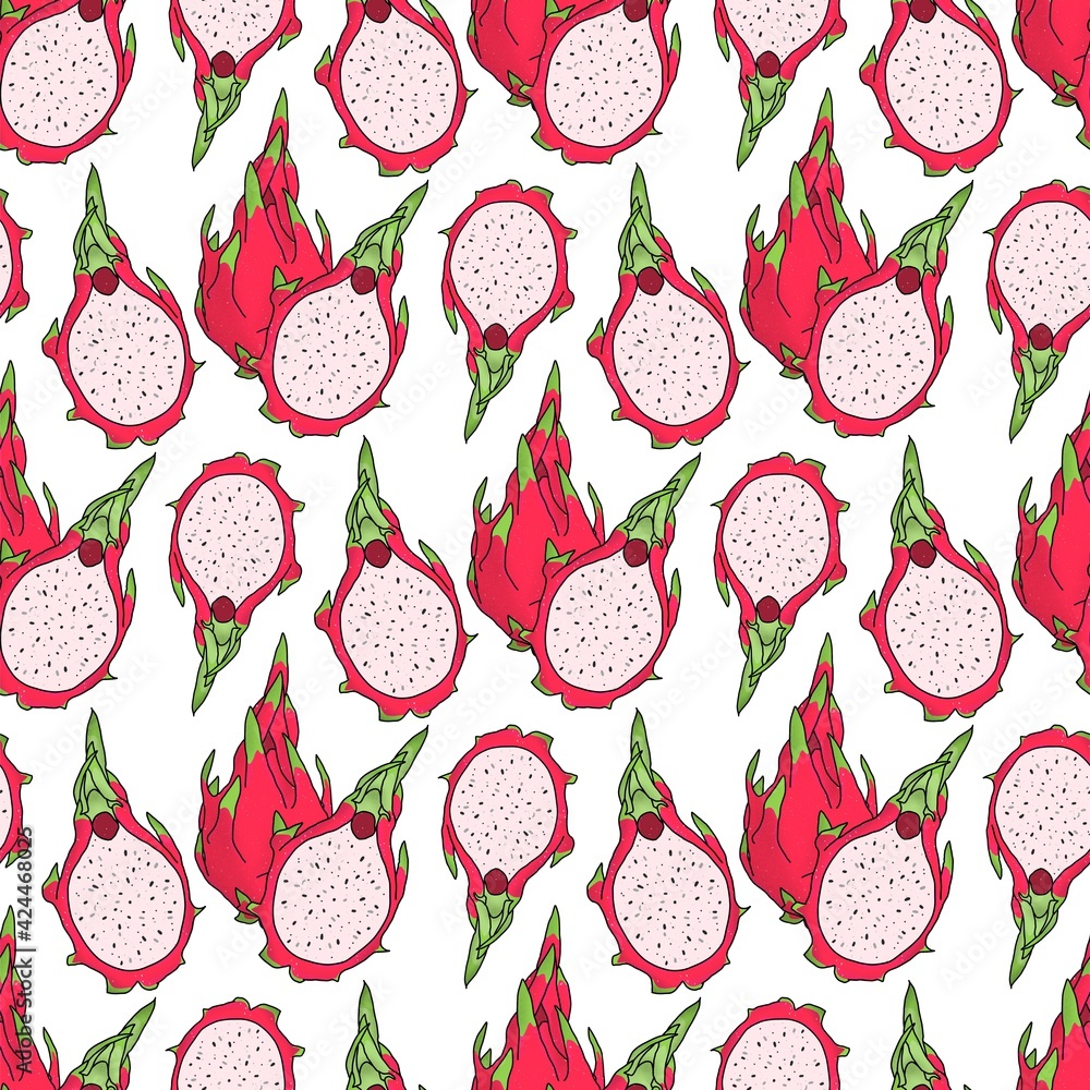 Seamless pink dragon fruit pattern. Exotic fruits on a white background ...