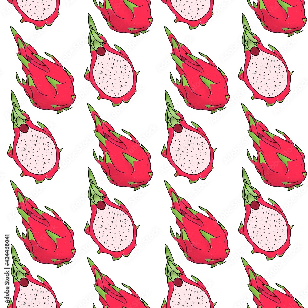Seamless pink dragon fruit pattern. Exotic fruits on a white background ...