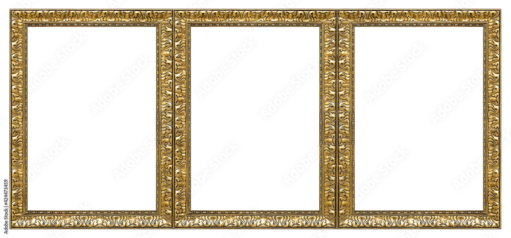 Triple golden frame (triptych) for paintings, mirrors or photos isolated on white background ...