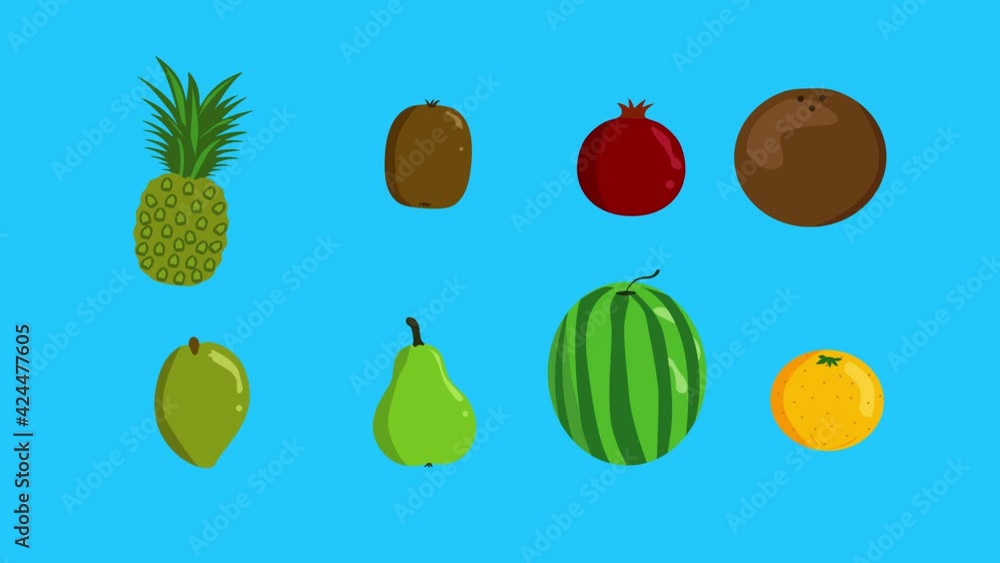 group of fruits animation, blue screen, removable background, chroma ...