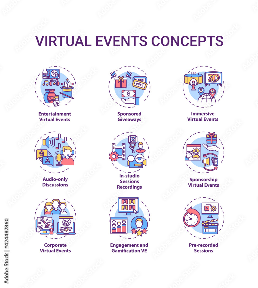 Virtual events concept icons set. Live stream idea thin line RGB color ...