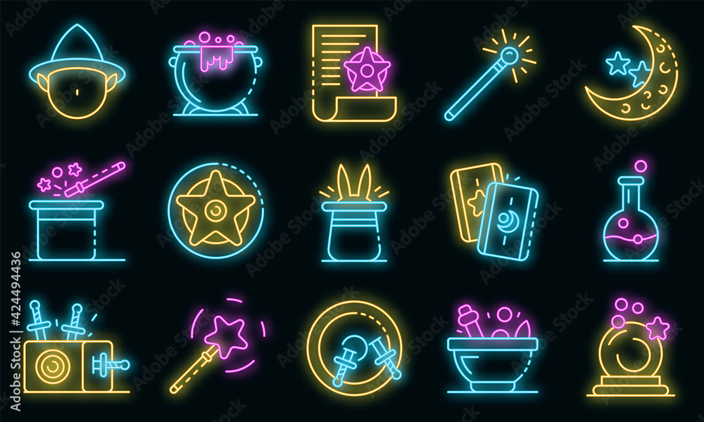 Wizard tools icons set. Outline set of wizard tools vector icons neon ...