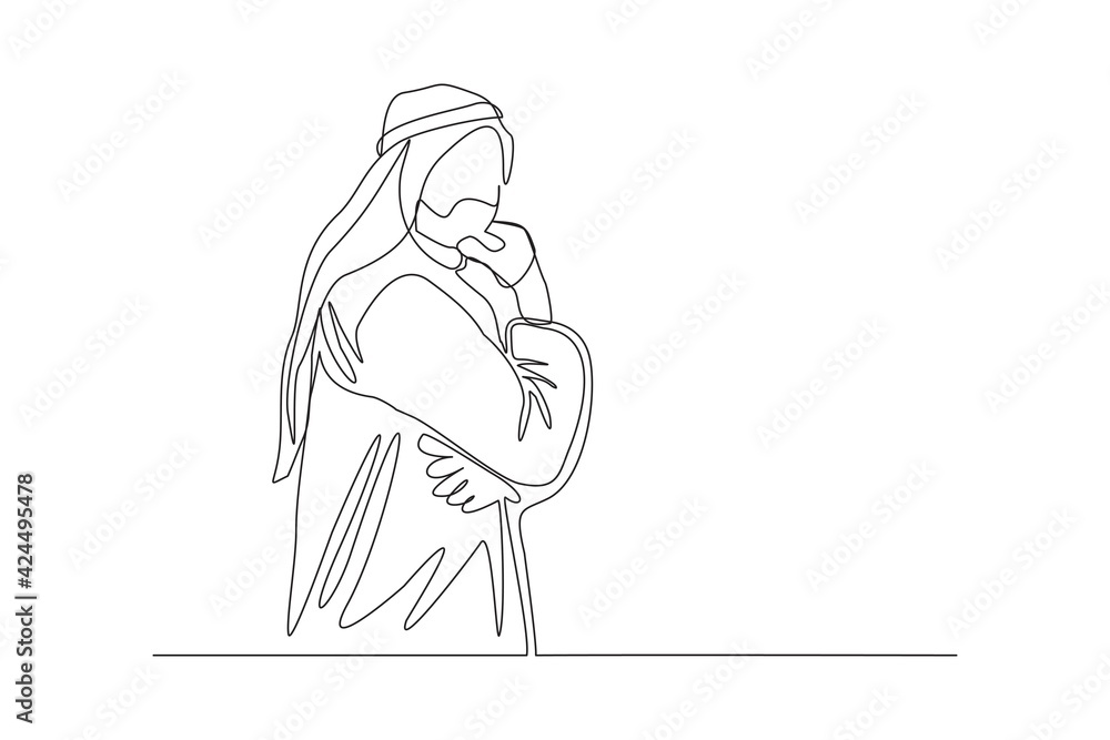 Continuous line drawing of Islamic arabic pensive male standing looking ...