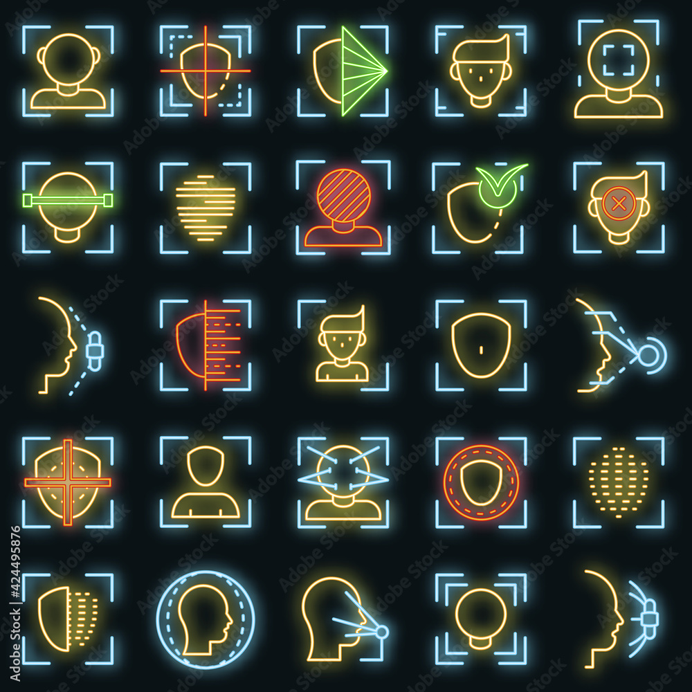 Face recognition system icons set. Outline set of face recognition ...