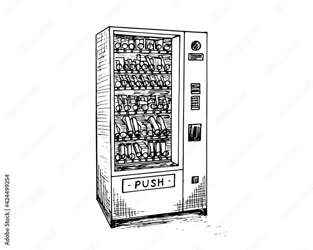 Vending machine with beverage bottles and cans hand drawn sketch ...