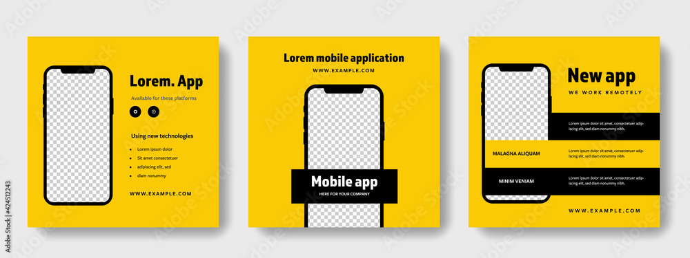 smartphone mockup square layouts for social media, yellow graphic ...