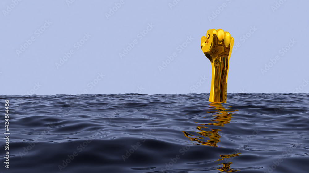 Surreal vaporwave concept with golden hand gesturing with fist from ...