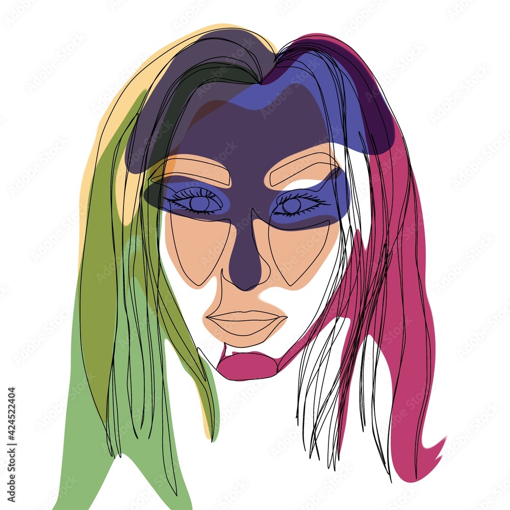 One-line abstract woman portrait. Colorful face drawing. Continuous ...