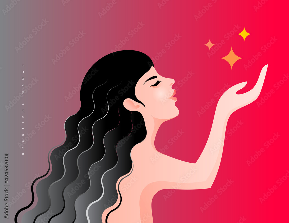 Beautiful woman side face with black hair, playing with stars in red ...