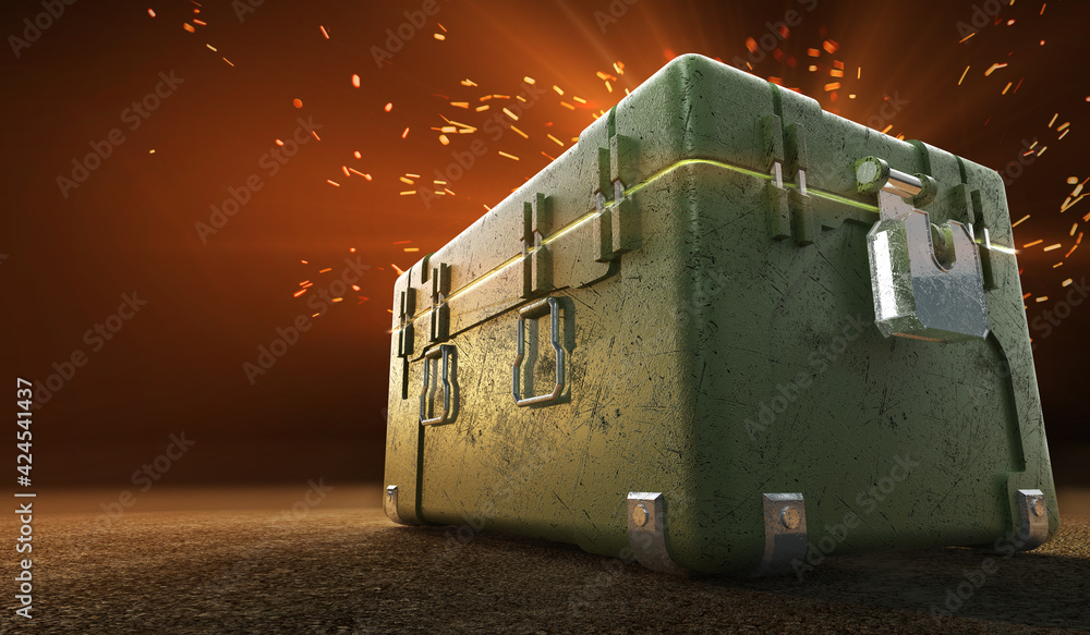 army box with loot boxes and glow inside. text box. 3d rendering Stock ...