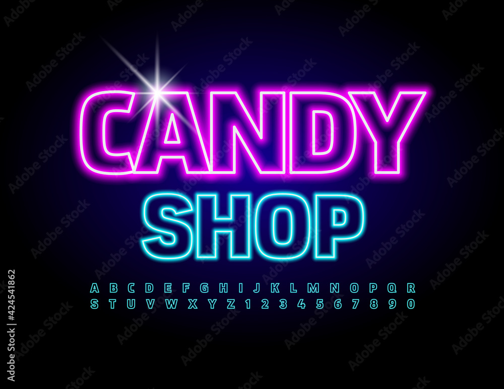 Vector bright Sign Candy Shop. Blue Electric Font. Neon light Alphabet ...