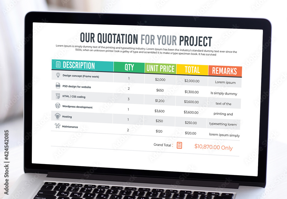 Project Price Quotation with Table Design Stock Template | Adobe Stock