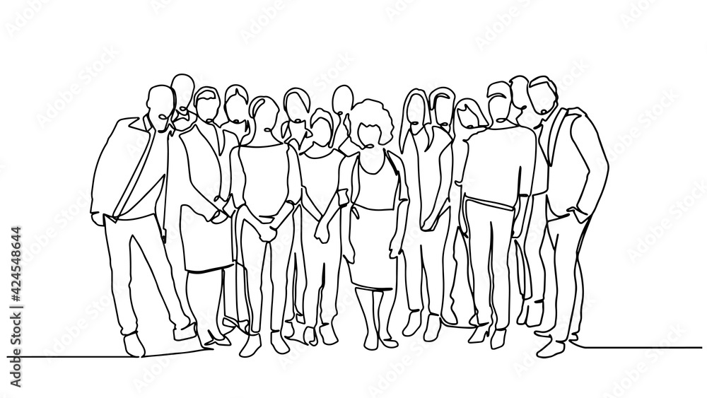 Vetor de Group of people continuous one line vector drawing. Family, friends hand drawn ...