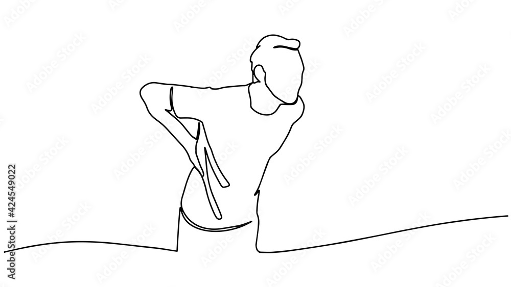 Continuous line drawing of man suffering from back pain. Healthcare and ...