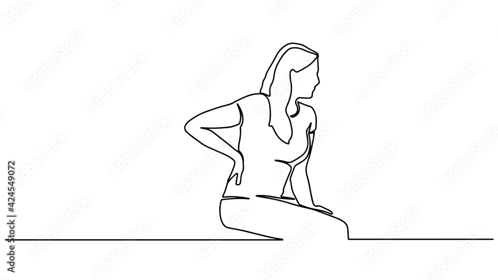 Continuous line drawing of woman suffering from back pain. Healthcare ...