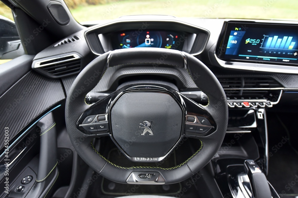 Peugeot e-2008. Electric car. Cabin interior - driver's workplace. 11 ...