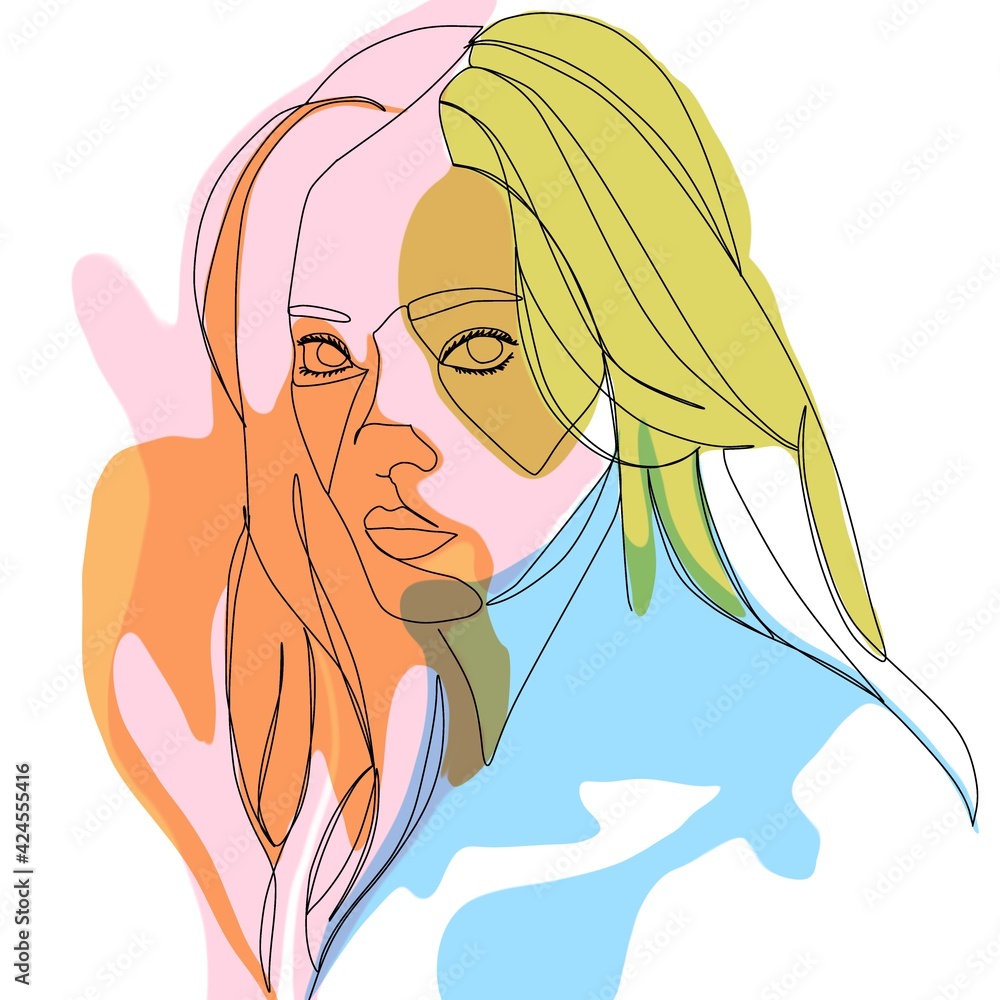 One-line abstract woman portrait. Colorful face drawing. Continuous ...