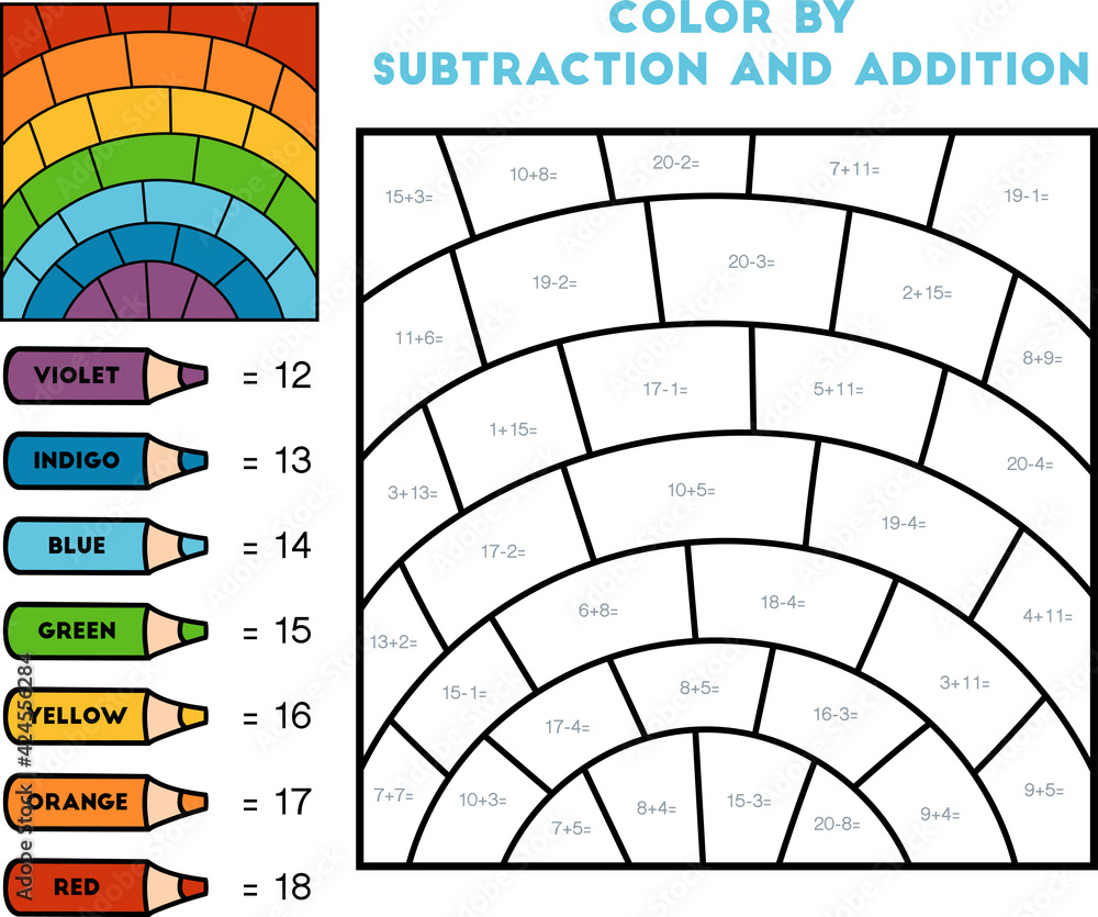 Color by addition and subtraction, education game for kids, Rainbow ...