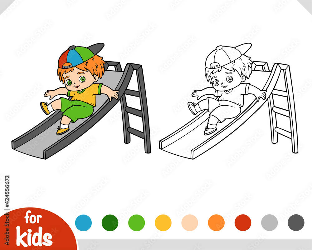 Coloring book for kids, Boy riding a slide on the playground Stock ...