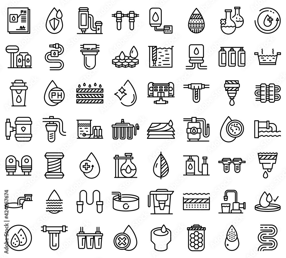 Equipment for water purification icons set. Outline set of equipment ...