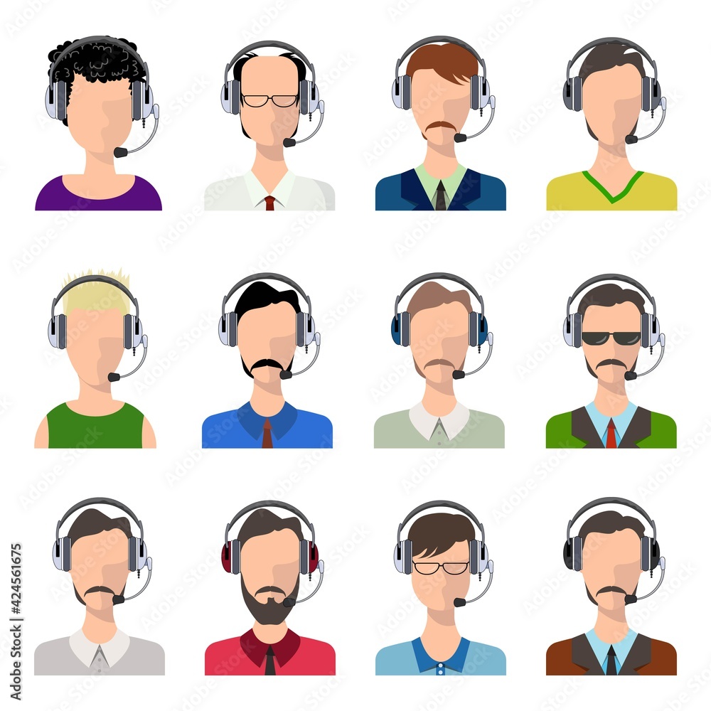 Vector male and female call center avatars in a flat style with a ...