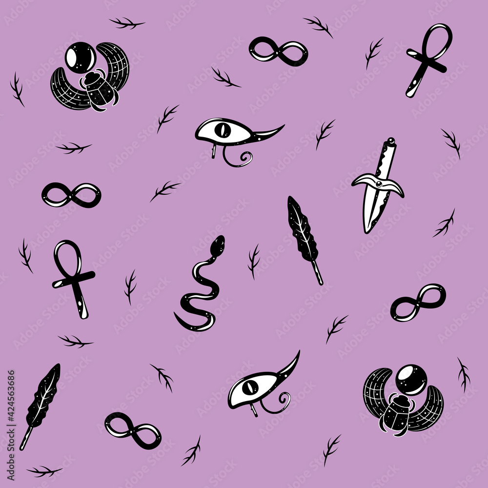 Magic pattern with ankh, scarab, dagger, eye and snake on a purple ...