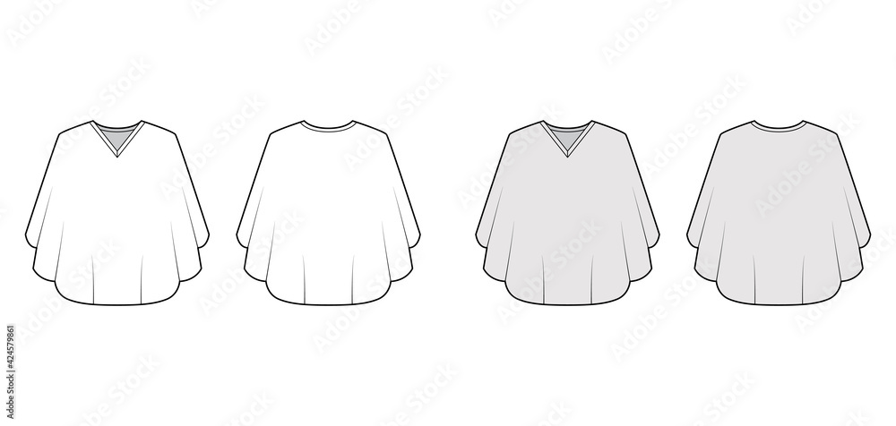 Poncho coat technical fashion illustration with V-neck collar ...