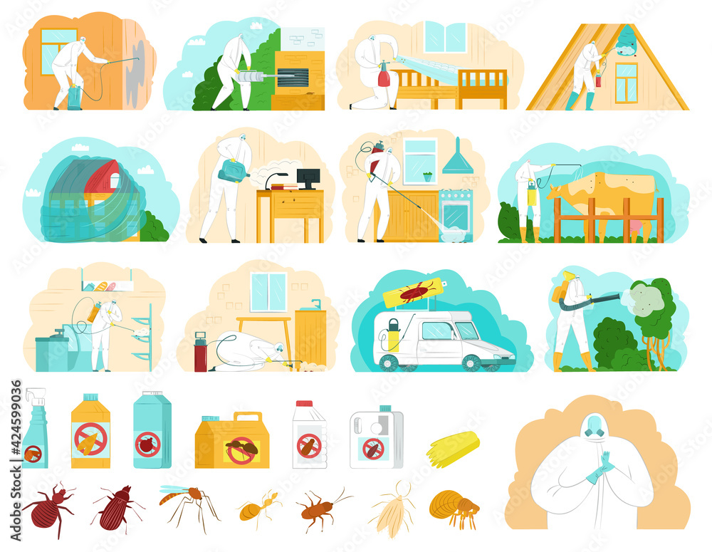 Pest control set, vector illustration. System measures to combat ...