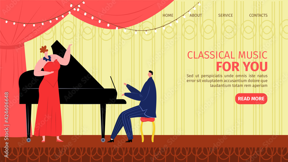 Classical piano music, singer with microphone landing page, vector ...