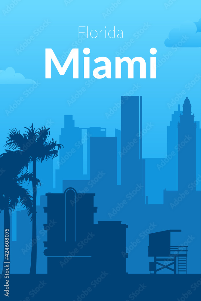 Miami, USA famous city scape view background. Stock Vector | Adobe Stock