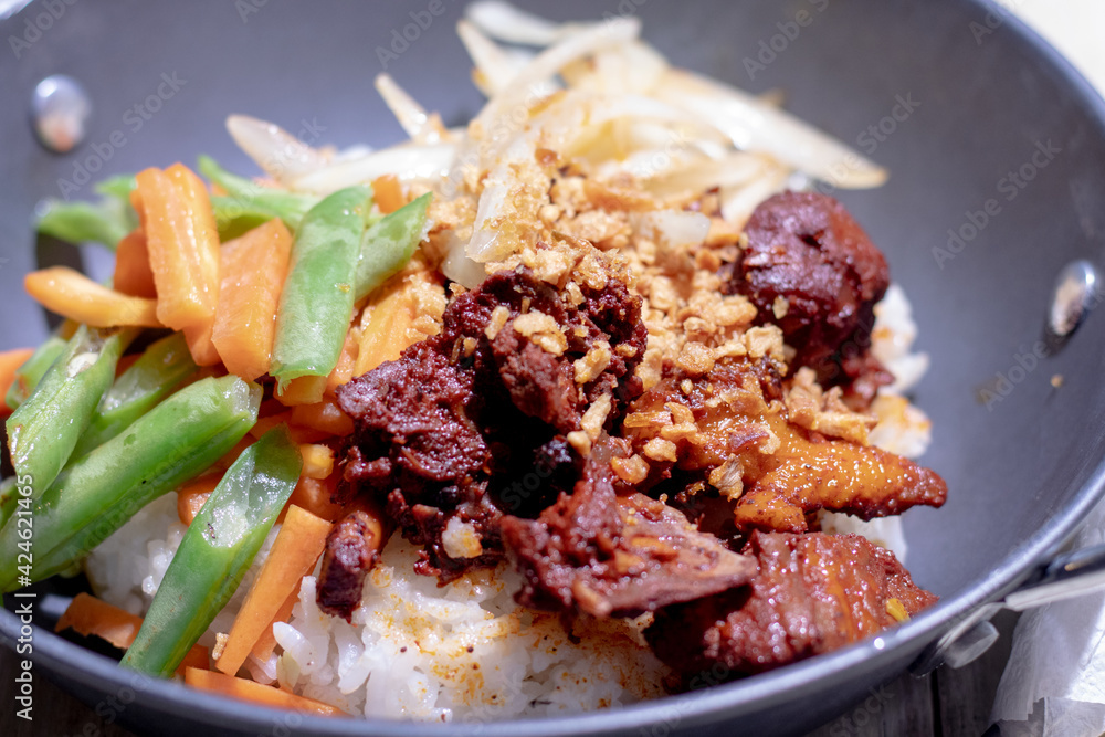 Rice with adobo chicken toppings Stock Photo | Adobe Stock