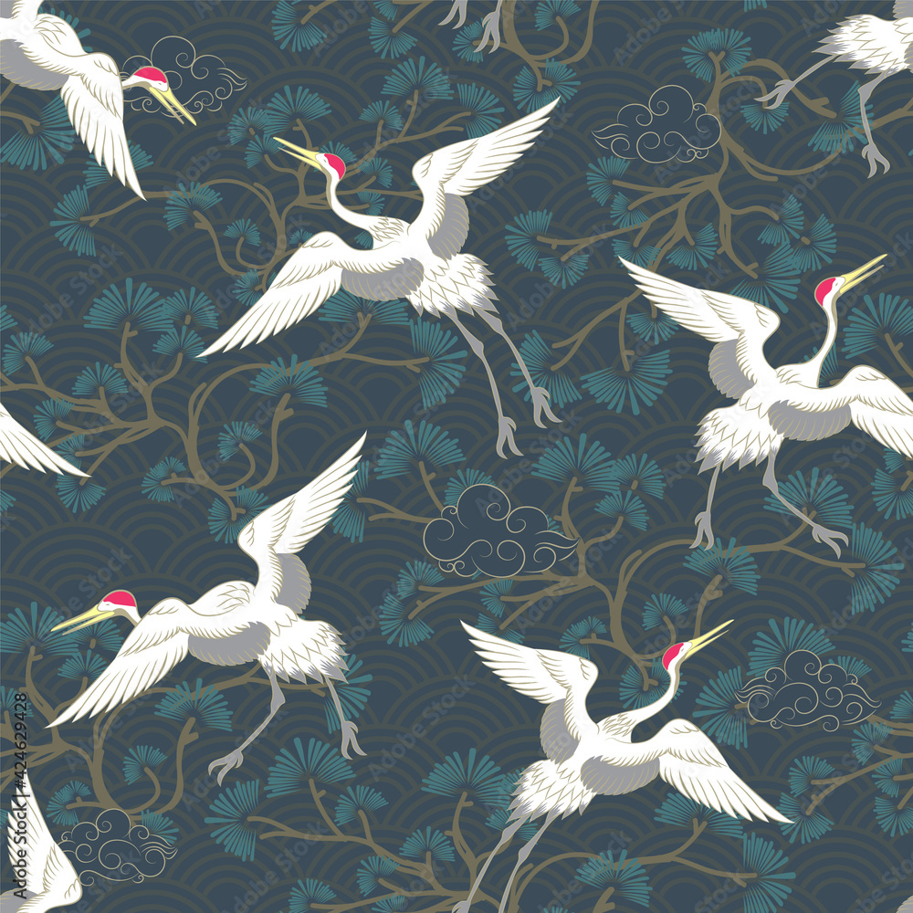 Seamless Japanese Repeat Pattern Standing and Flying Cranes with Many ...